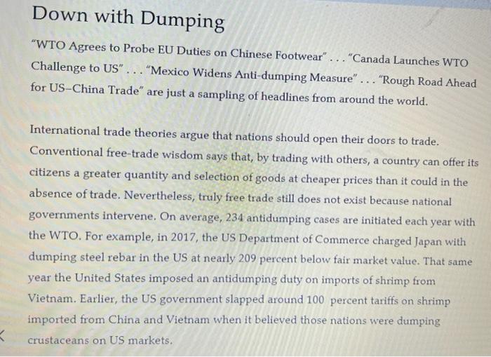 Solved Down with Dumping "WTO Agrees to Probe EU Duties on | Chegg.com