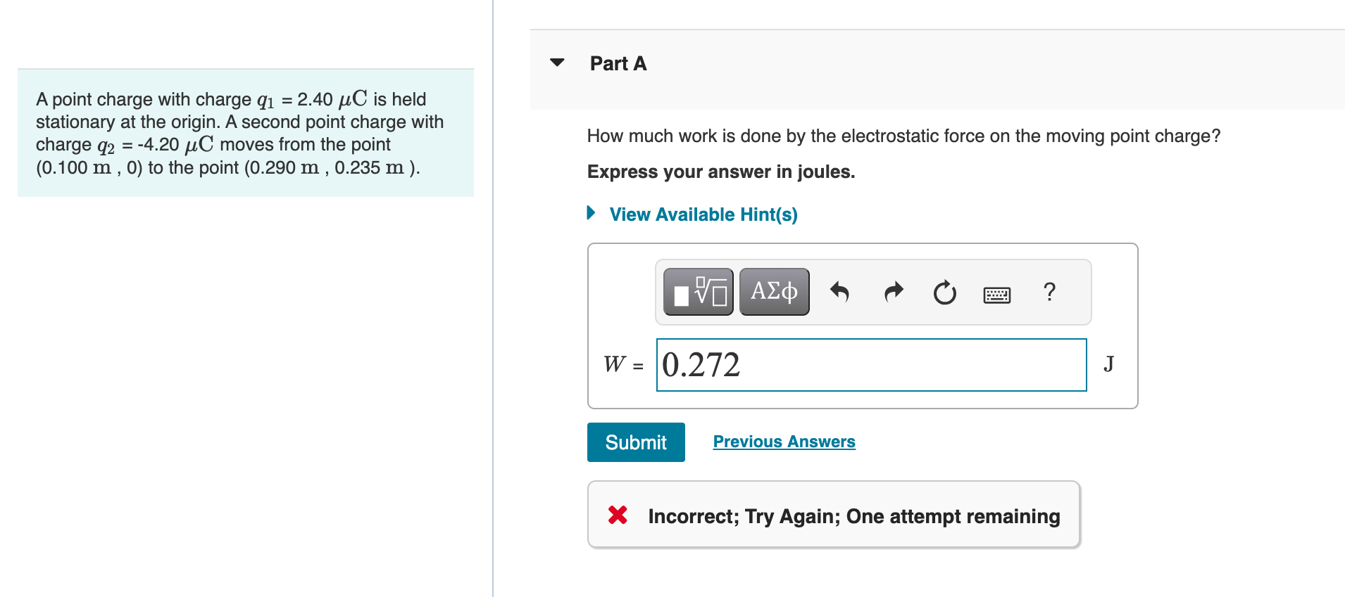 Solved A point charge with charge q1 ﻿= 2.40 \mu C ﻿is held | Chegg.com