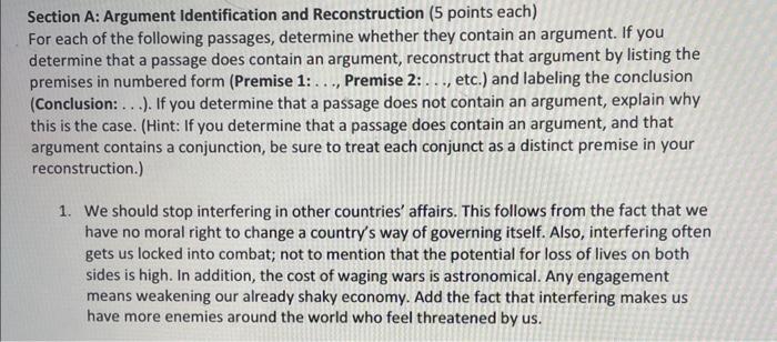Section A: Argument Identification and Reconstruction | Chegg.com