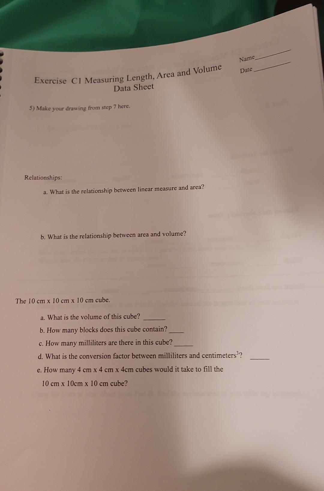 Solved Exercise C1 Measuring Length, Area and Volume Data | Chegg.com