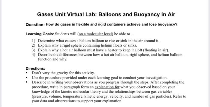 Gases Unit Virtual Lab: Balloons and Buoyancy in Air | Chegg.com