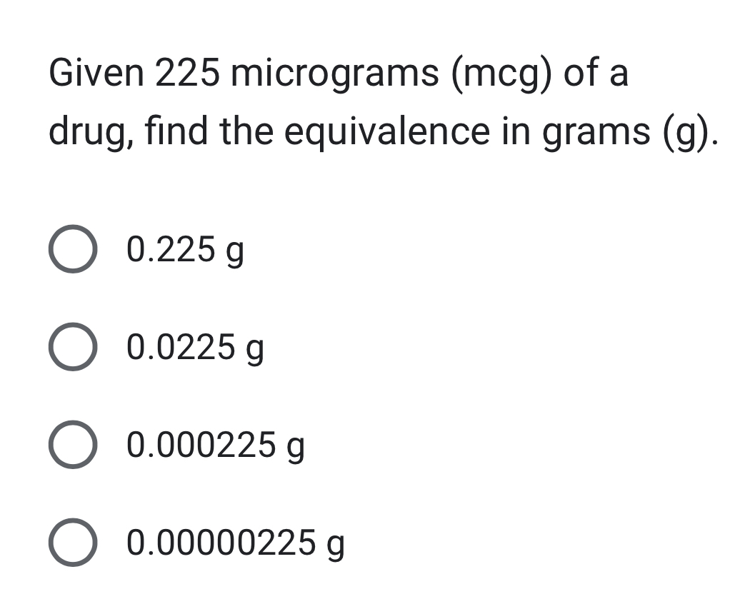 Solved Given 225 ﻿micrograms (mcg) ﻿of a drug, find the | Chegg.com