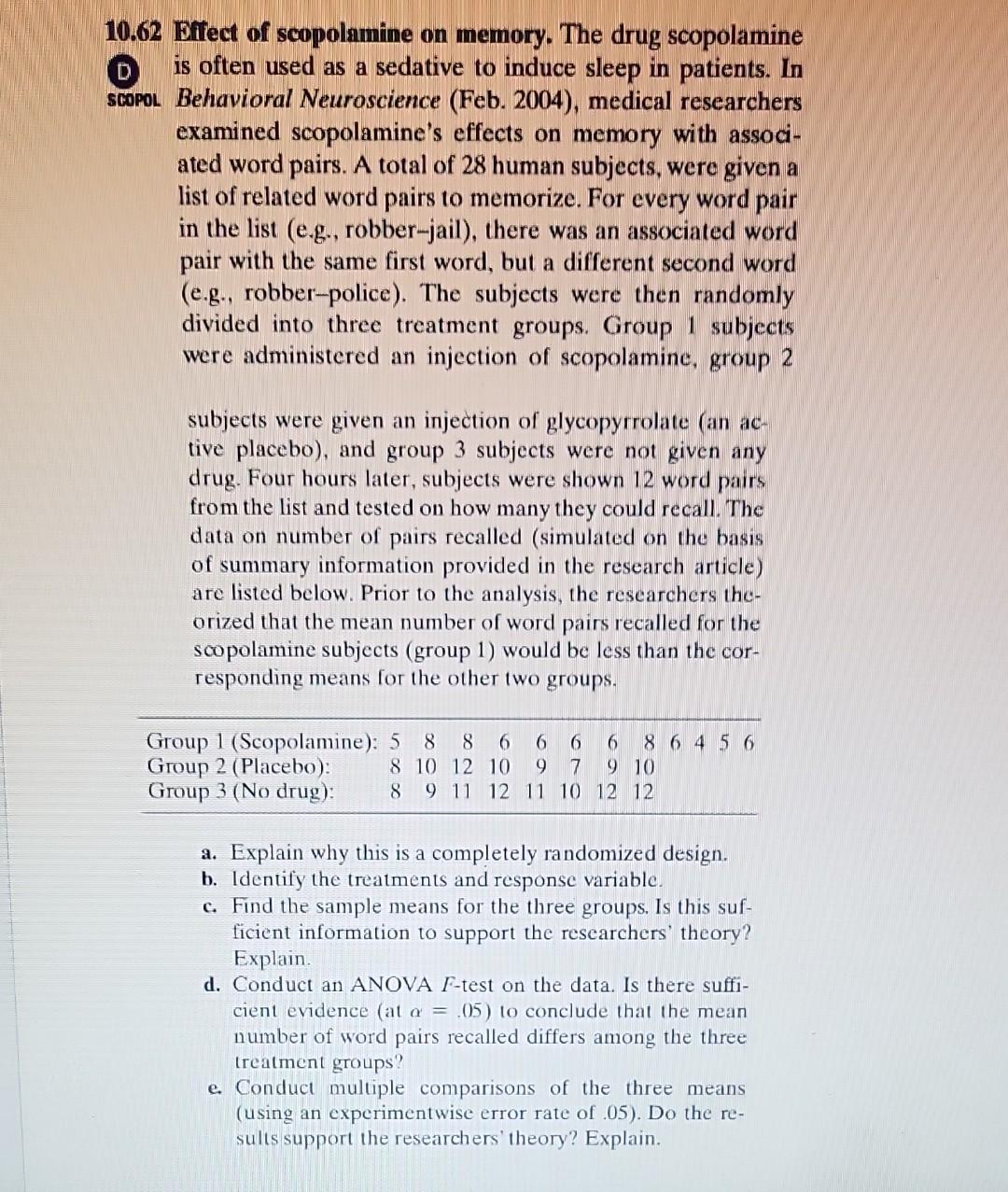 Solved 10.62 Effect of scopolamine on memory. The drug | Chegg.com
