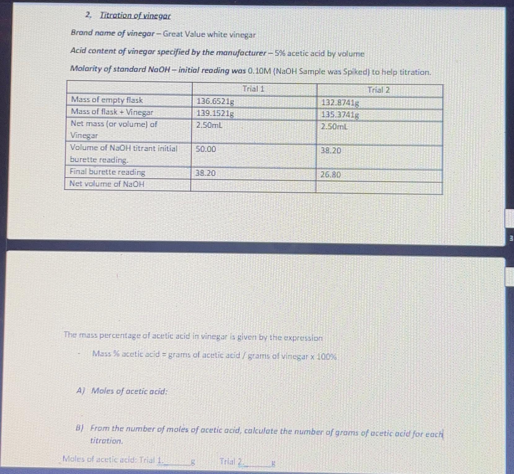 Solved Need the net volume of NaOH and answers for A) ﻿and | Chegg.com