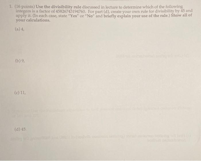 Solved 1. (16 points) Use the divisibility rule discussed in | Chegg.com
