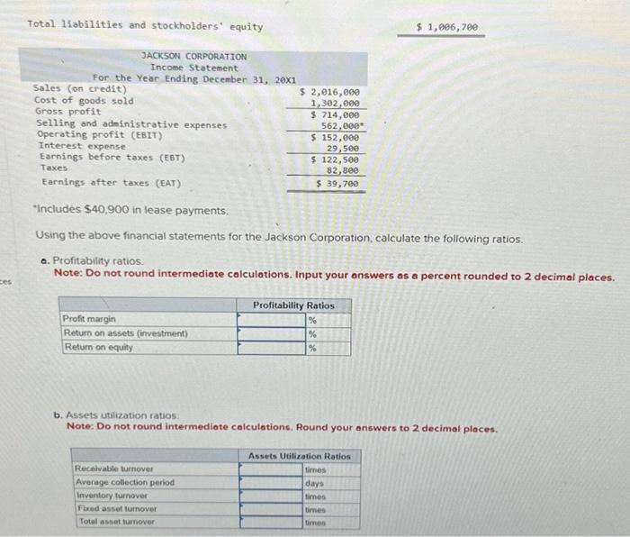 Solved Using the financial statements for the Jackson | Chegg.com