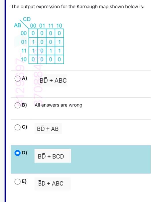 Solved The output expression for the Karnaugh map shown | Chegg.com