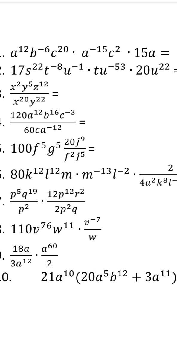 a12b−6c20⋅a−15c2⋅15a= 17s22t−8u−1⋅tu−53⋅20u22 | Chegg.com