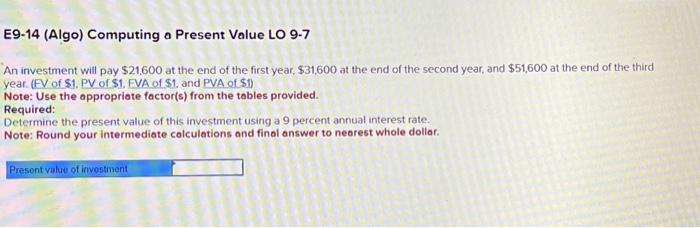 Solved E9-14 (Algo) Computing a Present Value LO 9.7 An | Chegg.com