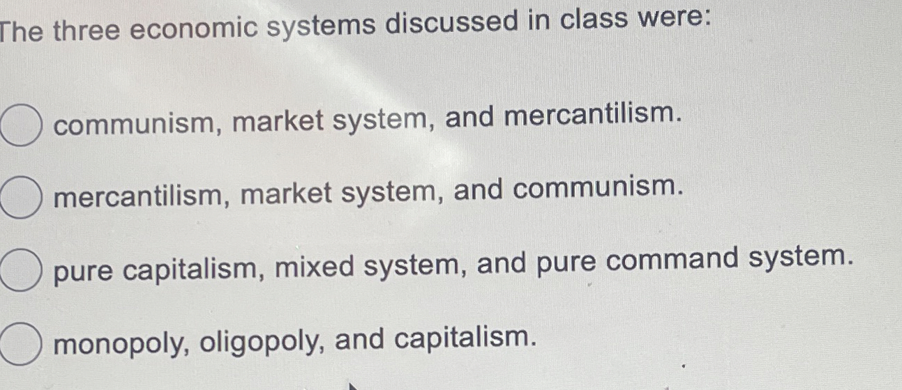 The three economic systems discussed in class | Chegg.com