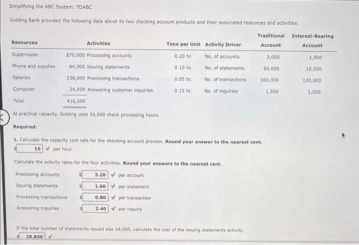 Solved Simplifying the ABC System: TDABC Golding Bank | Chegg.com