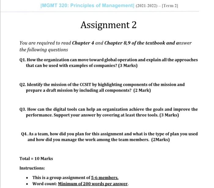Solved [MGMT 320: Principles of Management) (2021-2022) - | Chegg.com