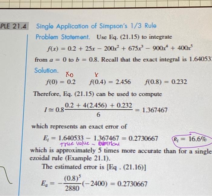 Solved example 21.4 Single Application of Simpson's 1/3 Rule | Chegg.com