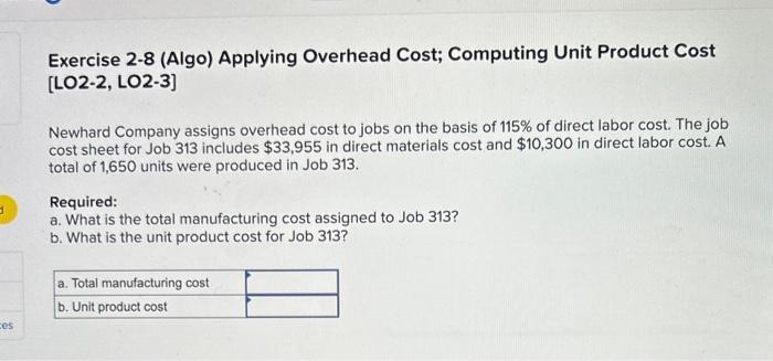 Solved Exercise 2-8 (Algo) Applying Overhead Cost; Computing | Chegg.com