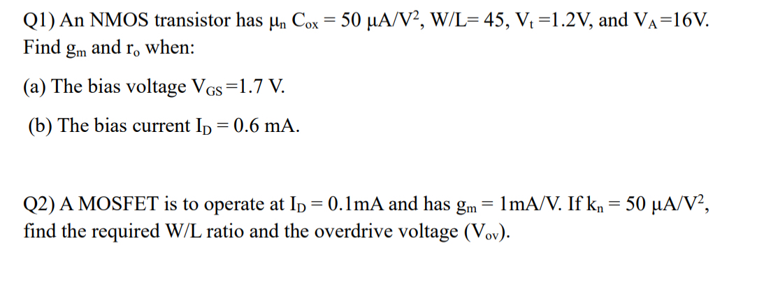 Solved Q1) ﻿An NMOS transistor has | Chegg.com