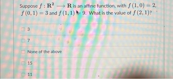 Solved Suppose f:R2 R is an affine function, with f(1,0)=2, | Chegg.com