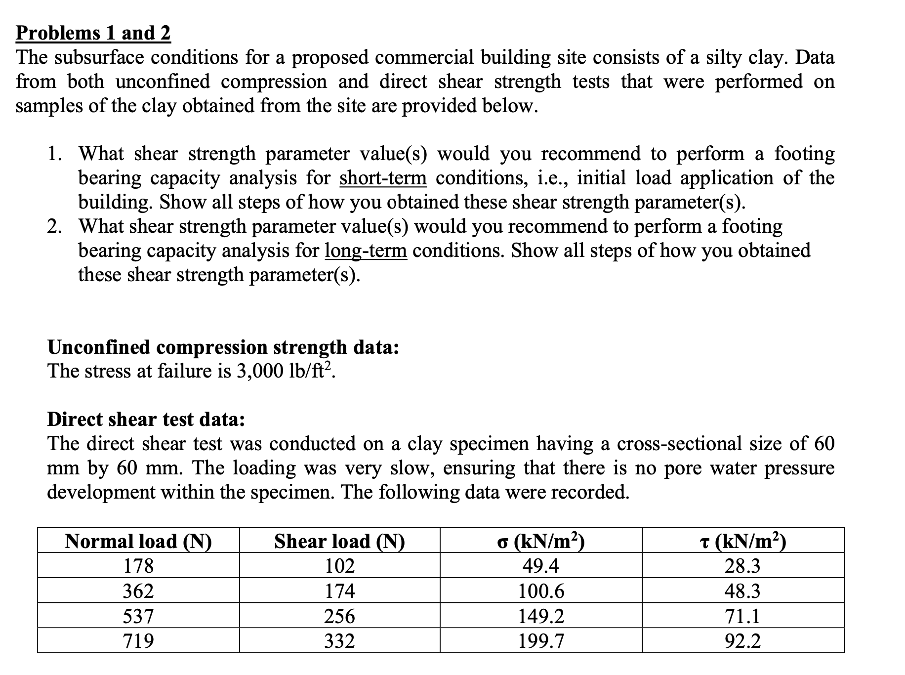 Problems 1 ﻿and 2The subsurface conditions for a | Chegg.com