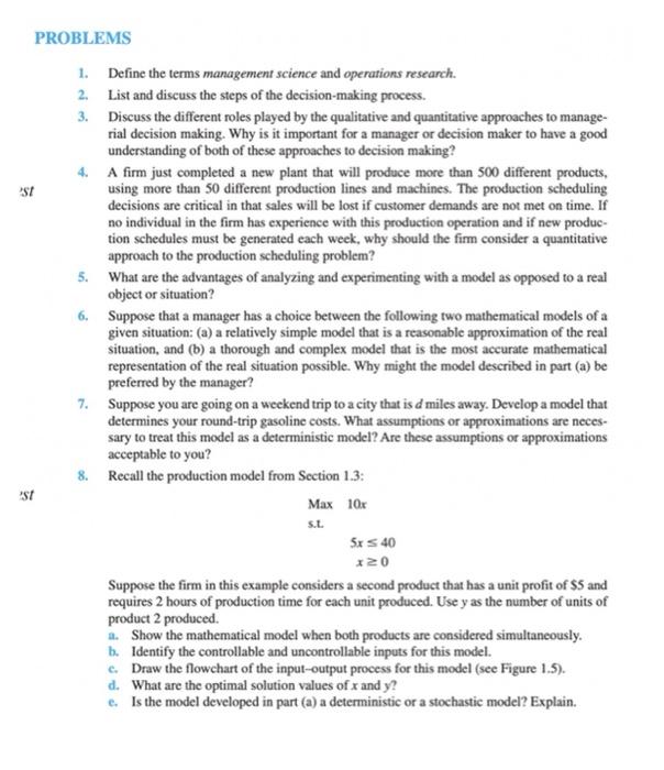 Solved PROBLEMS ST 1. Define the terms management science | Chegg.com