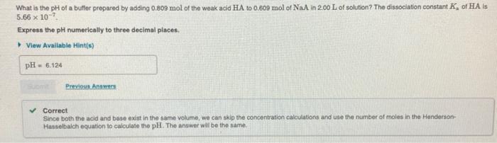 Solved What is the pH of a buffer prepared by adding 0.809 | Chegg.com