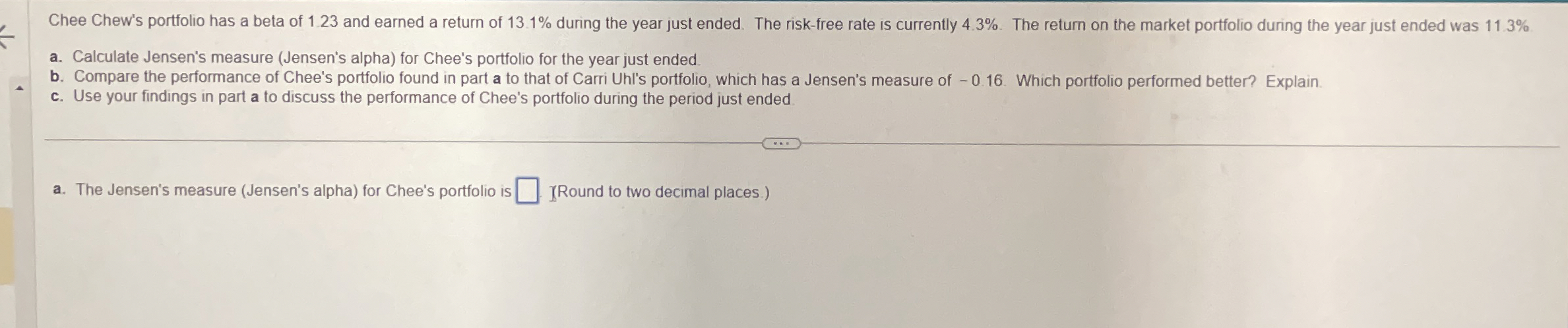 Solved Chee Chew's portfolio has a beta of 1.23 ﻿and earned | Chegg.com