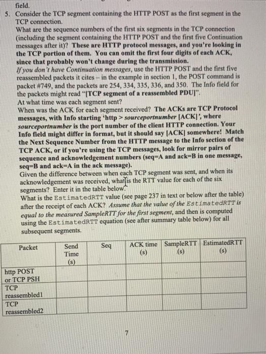 Solved Field 5 Consider The Tcp Segment Containing The 