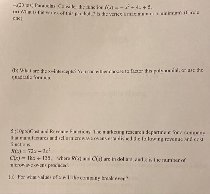 Solved 4. (20pts) Parabolas: Consider the function | Chegg.com