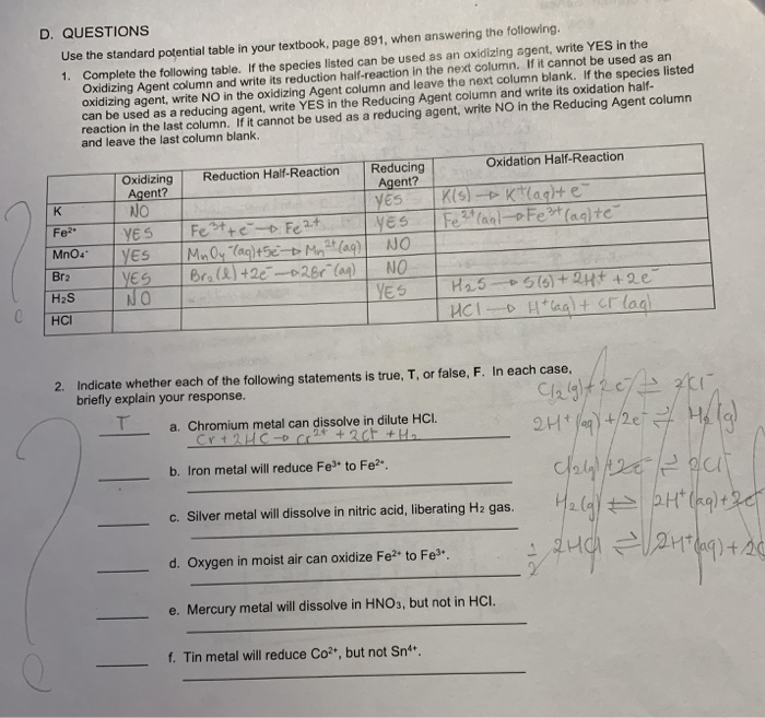 Solved D. QUESTIONS Use the standard potential table in your | Chegg.com