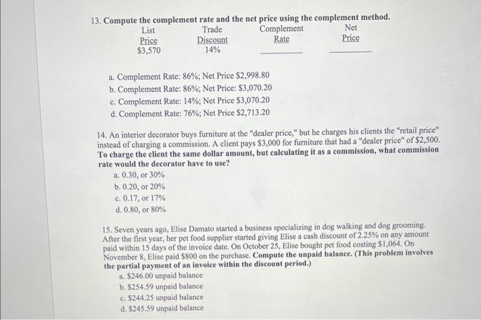 Solved 13. Compute the complement rate and the net price | Chegg.com