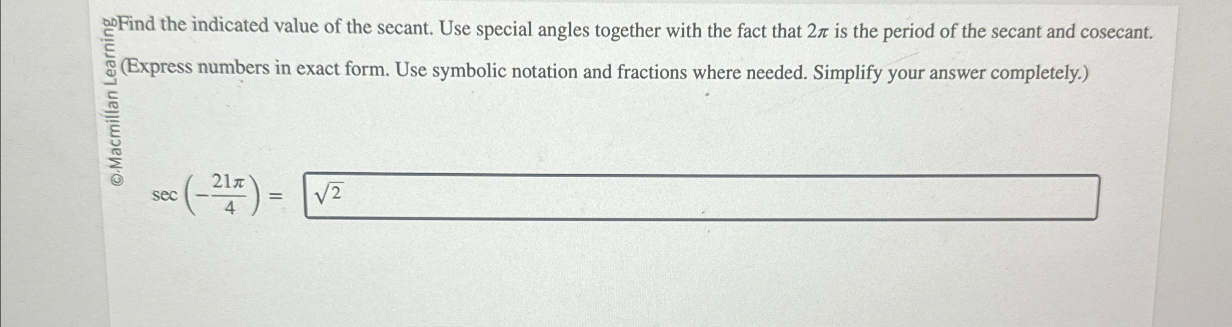 Solved abind the indicated value of the secant. Use special | Chegg.com