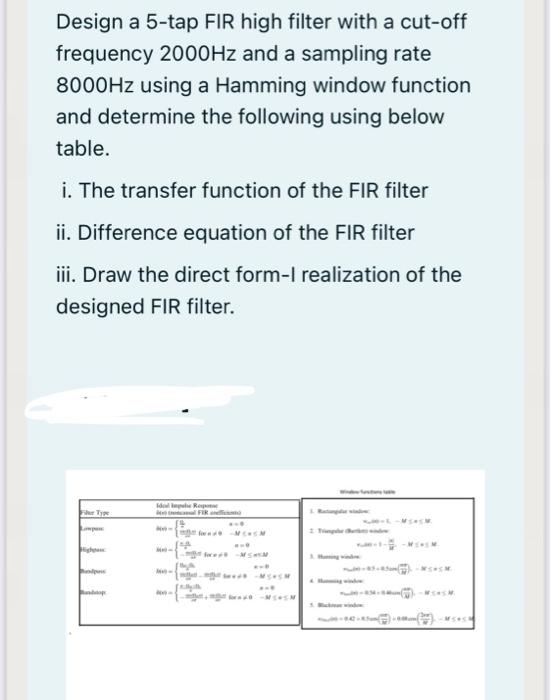 Solved Design a 5-tap FIR high filter with a cut-off | Chegg.com