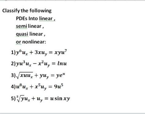 Solved Classify the following PDEs Into linear semi linear, | Chegg.com