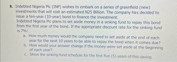 Solved 8. Indebted Nigeria Plc (INP) wishes to embark on a | Chegg.com