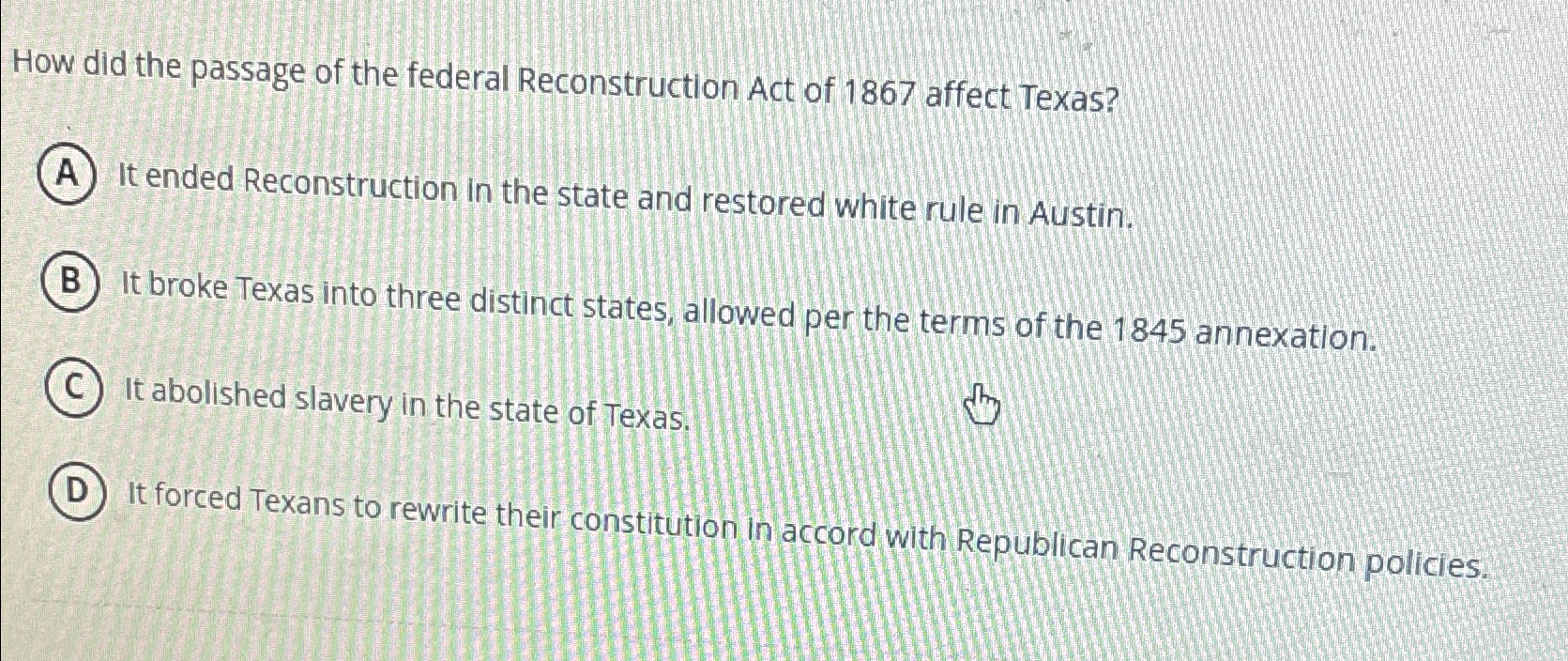 Solved How did the passage of the federal Reconstruction Act | Chegg.com