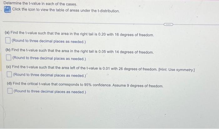 Solved Determine the t-value in each of the cases. Click the | Chegg.com