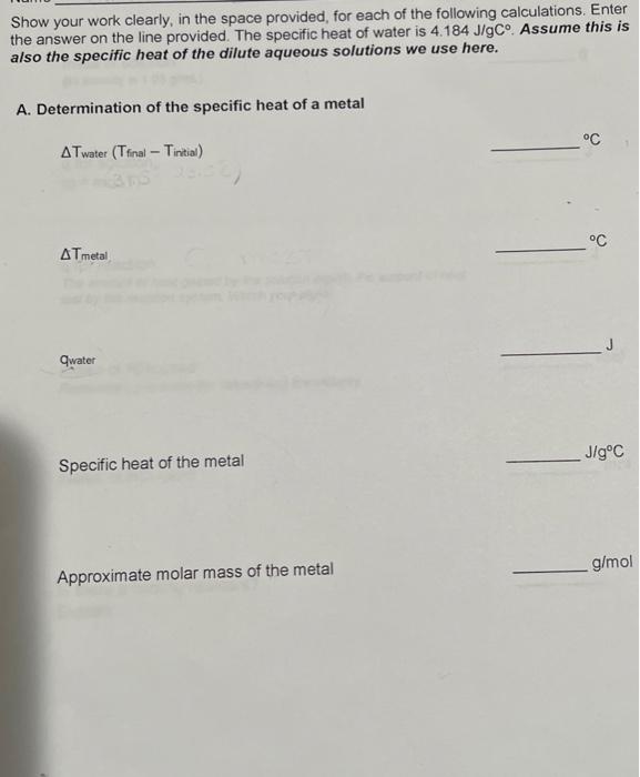 Aetermination of the specific heat of a metal Unknown | Chegg.com