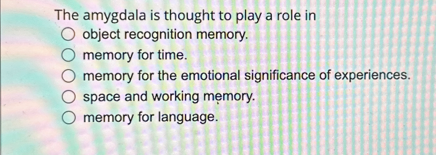 Solved The amygdala is thought to play a role in object | Chegg.com