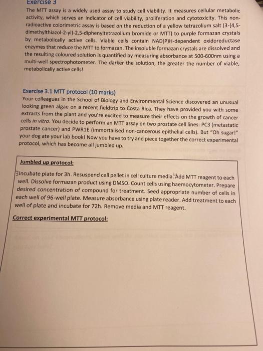 Exercise 3 The MTT assay is a widely used assay to | Chegg.com