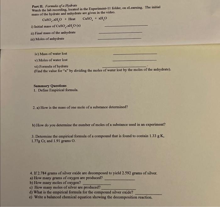 Solved Part II. Formula of a Hydrate Wateh the lab | Chegg.com