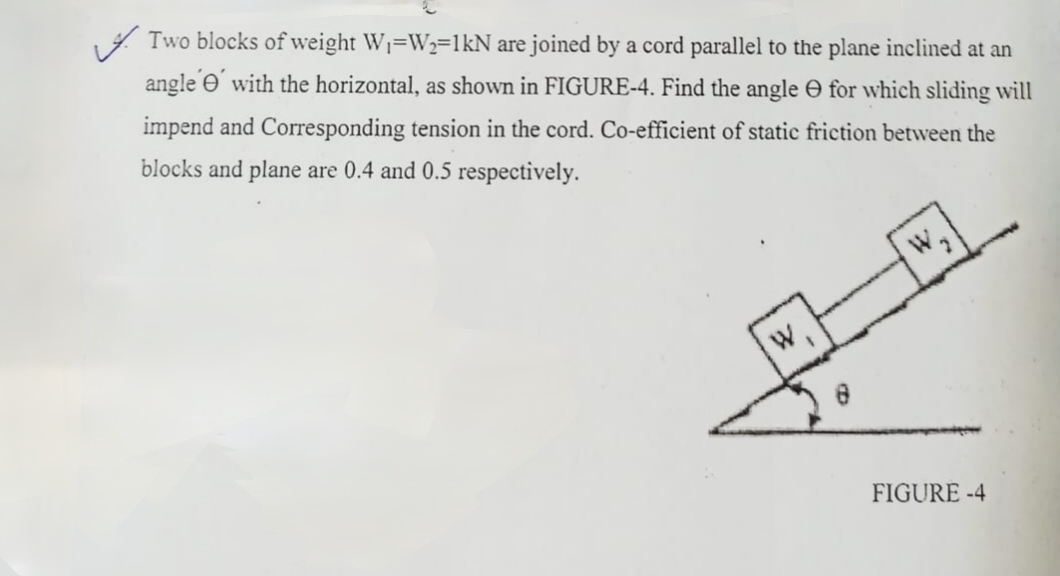 Solved Two blocks of weight W1=W2=1kN ﻿are joined by a cord | Chegg.com