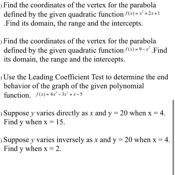Solved ) Find the coordinates of the vertex for the parabola | Chegg.com