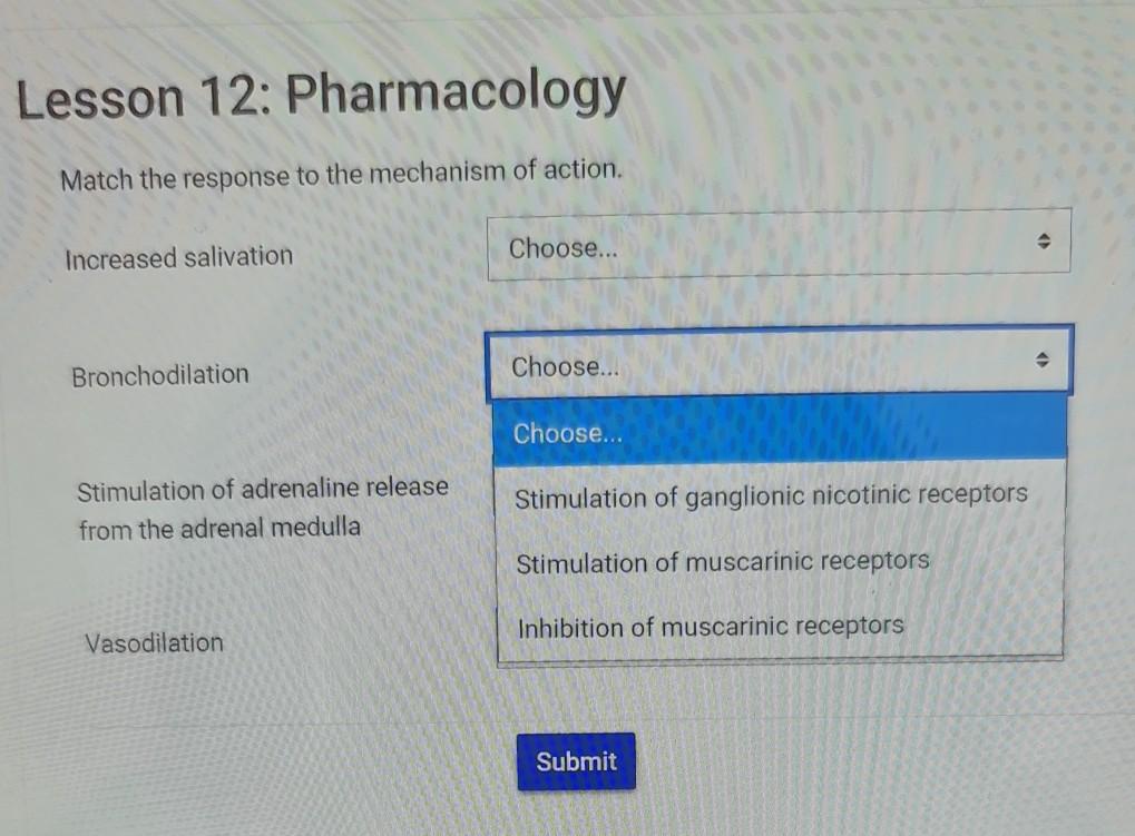 Solved Lesson 12: Pharmacology Match the response to the | Chegg.com