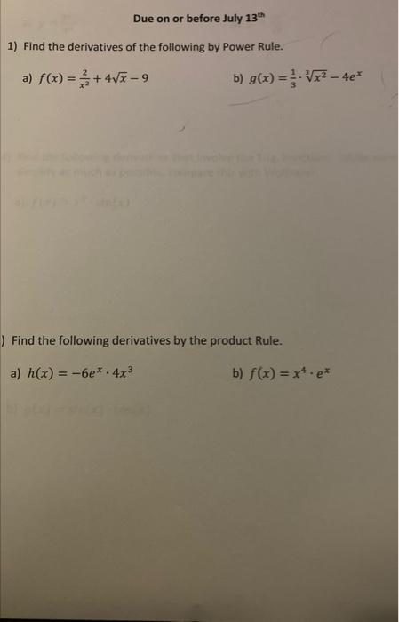 Solved Due on or before July 13th 1) Find the derivatives | Chegg.com