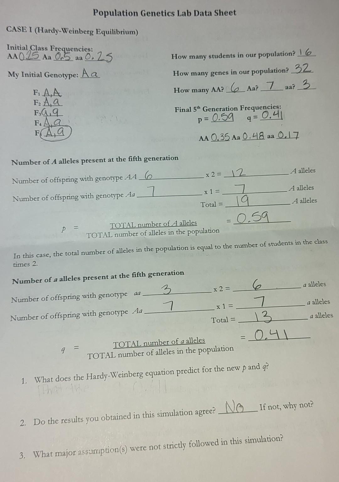 Population Genetics Lab Data Sheet CASE I | Chegg.com
