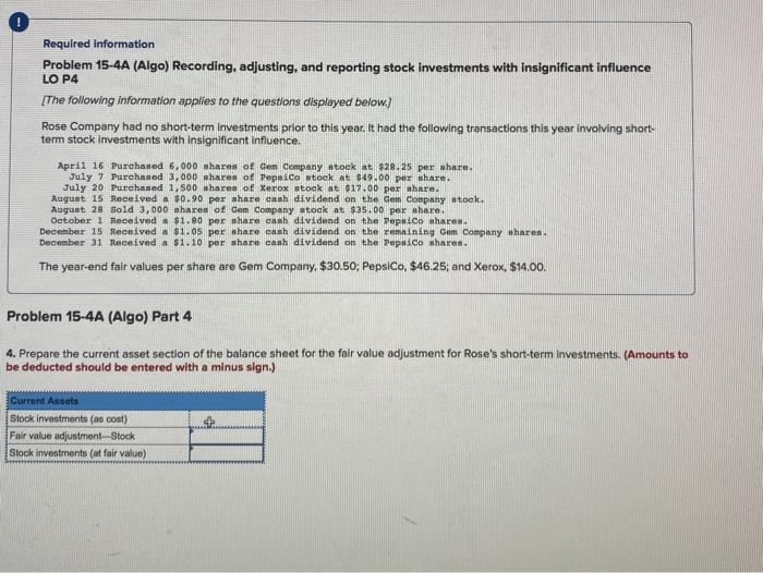 Solved Required Information Problem 15-4A (Algo) Recording, | Chegg.com