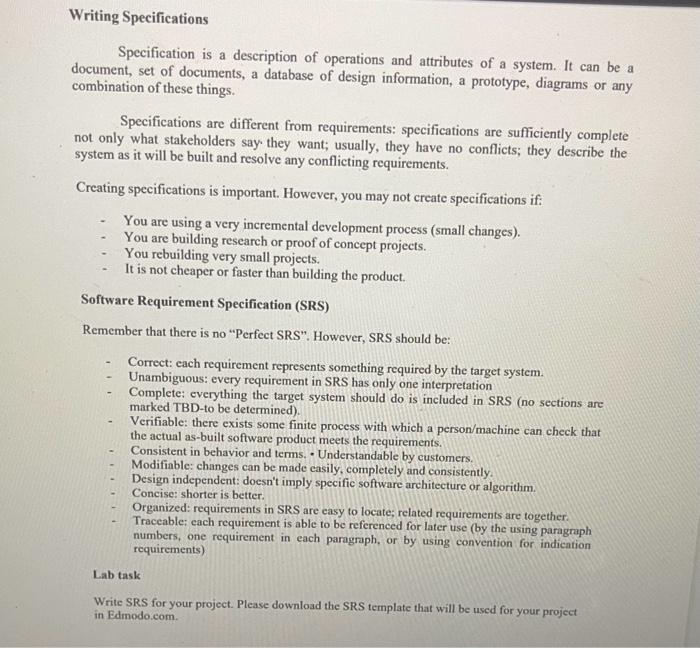 Solved Specification is a description of operations and | Chegg.com