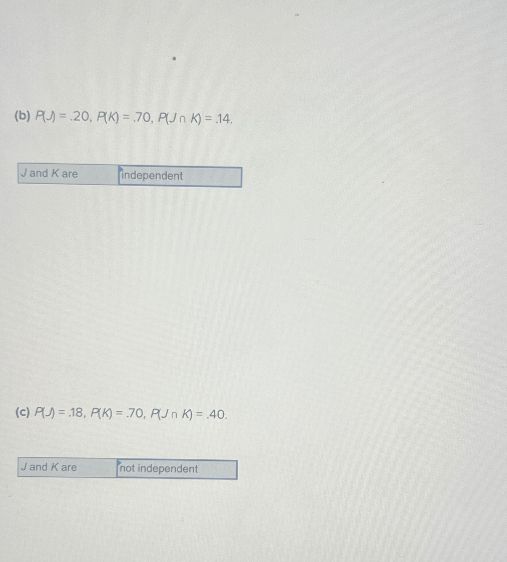 Solved (b) P(J)=.20,P(K)=.70,P(J∩K)=.14.J ﻿and K | Chegg.com