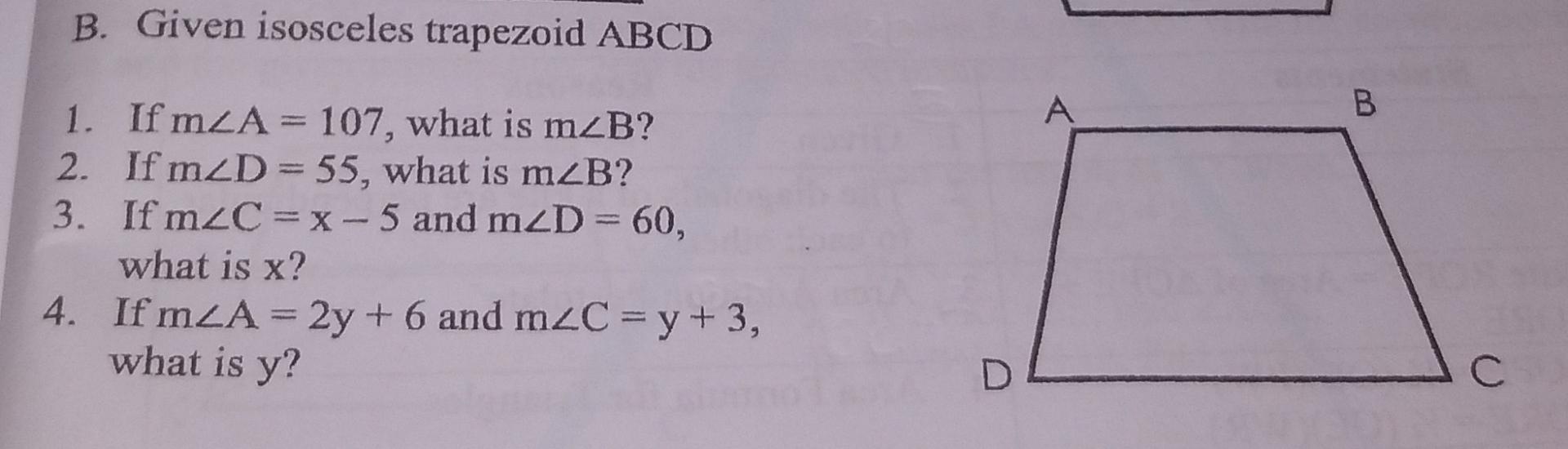Solved B. Given isosceles trapezoid ABCD A B 1. If m2A = | Chegg.com