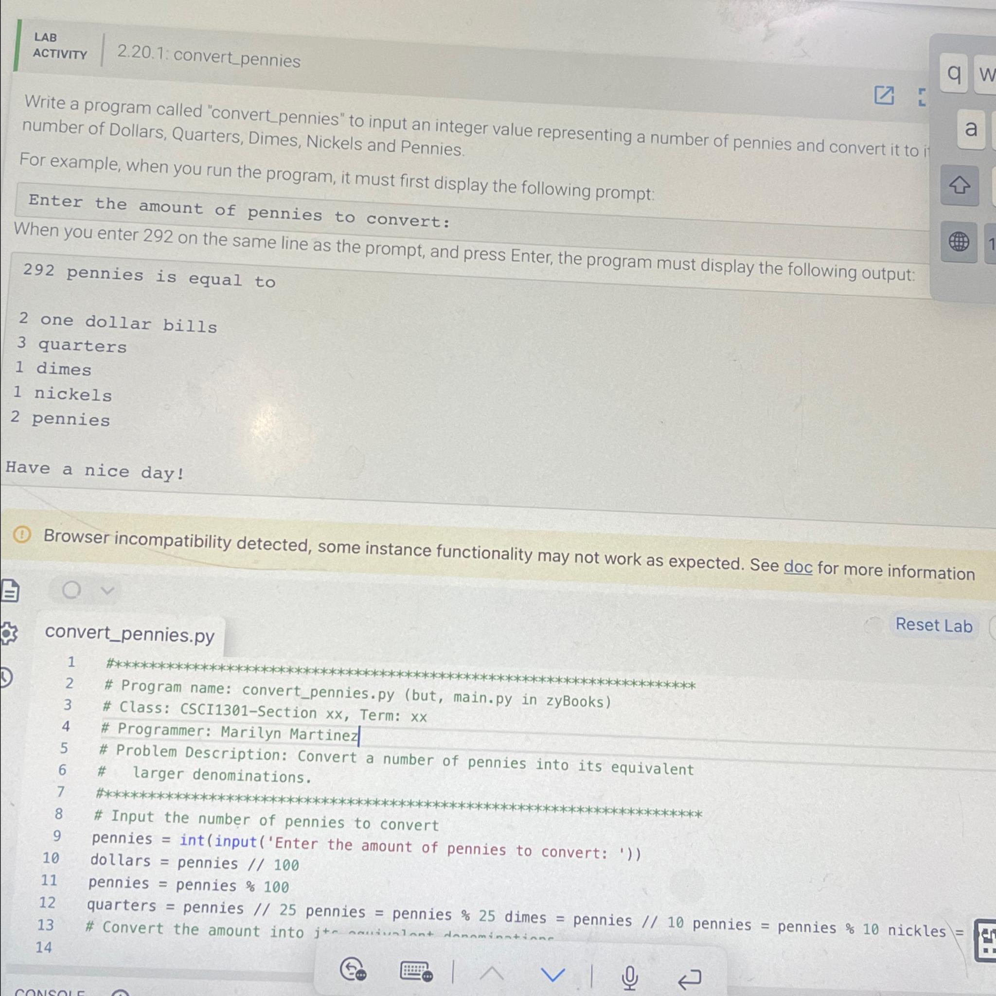 Solved LABACTIVITY2.20.1: convert_penniesWrite a program | Chegg.com