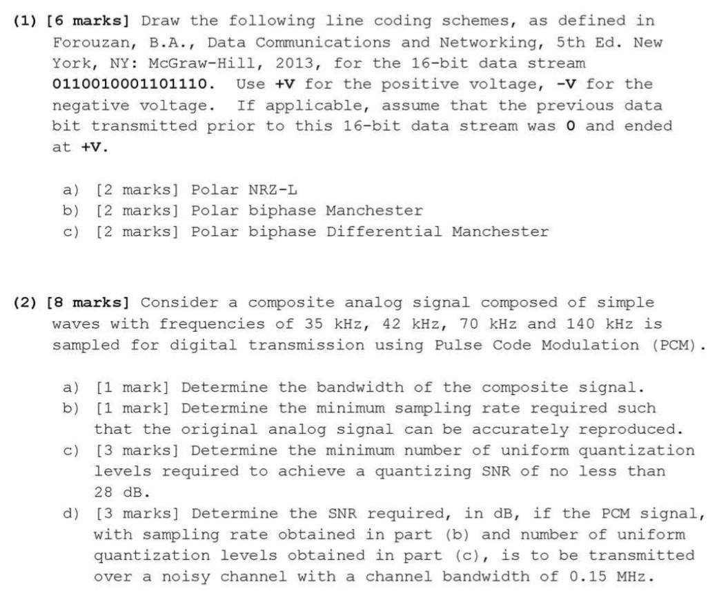 Solved (1) [6 marks] Draw the following line coding schemes, | Chegg.com