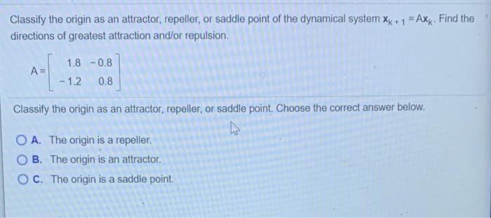 Solved Classify the origin as an attractor, repeller, or | Chegg.com
